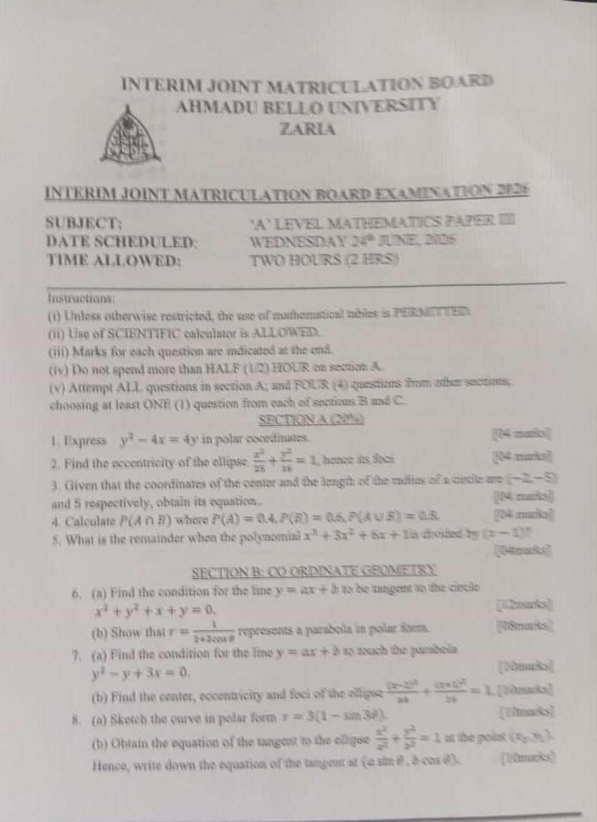IJMB 2026 A’Level Mathematics Answers – Paper III (Section A, B & C ...